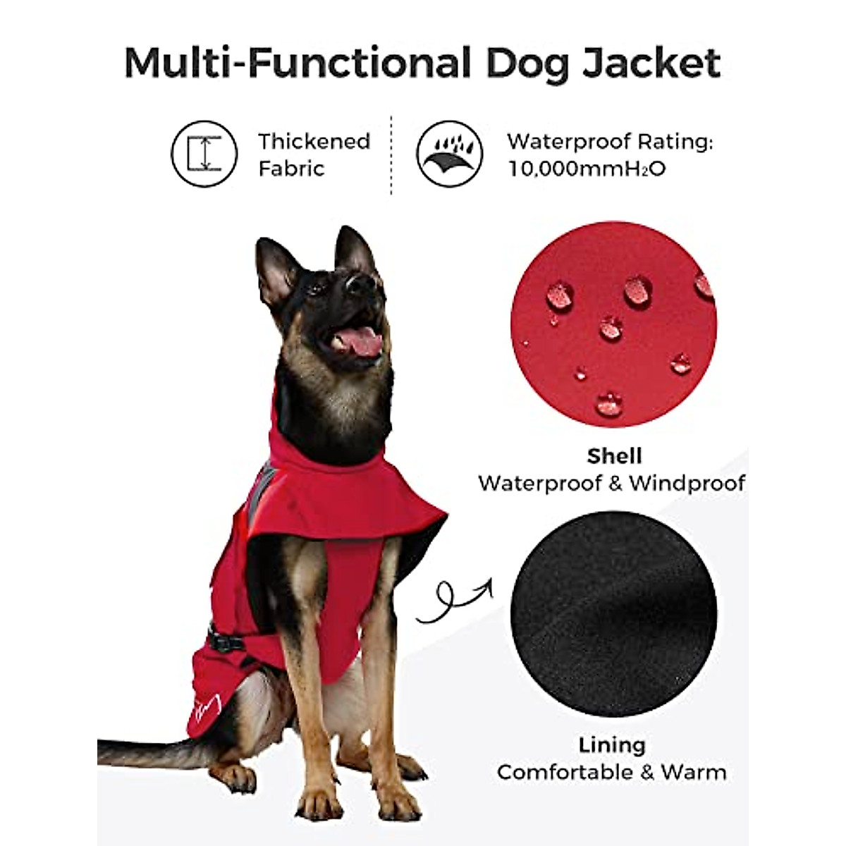 Wantdo Large Dog Padded Rain Jacket Waterproof Warm Winter Jacket Refletive Size 23 Red