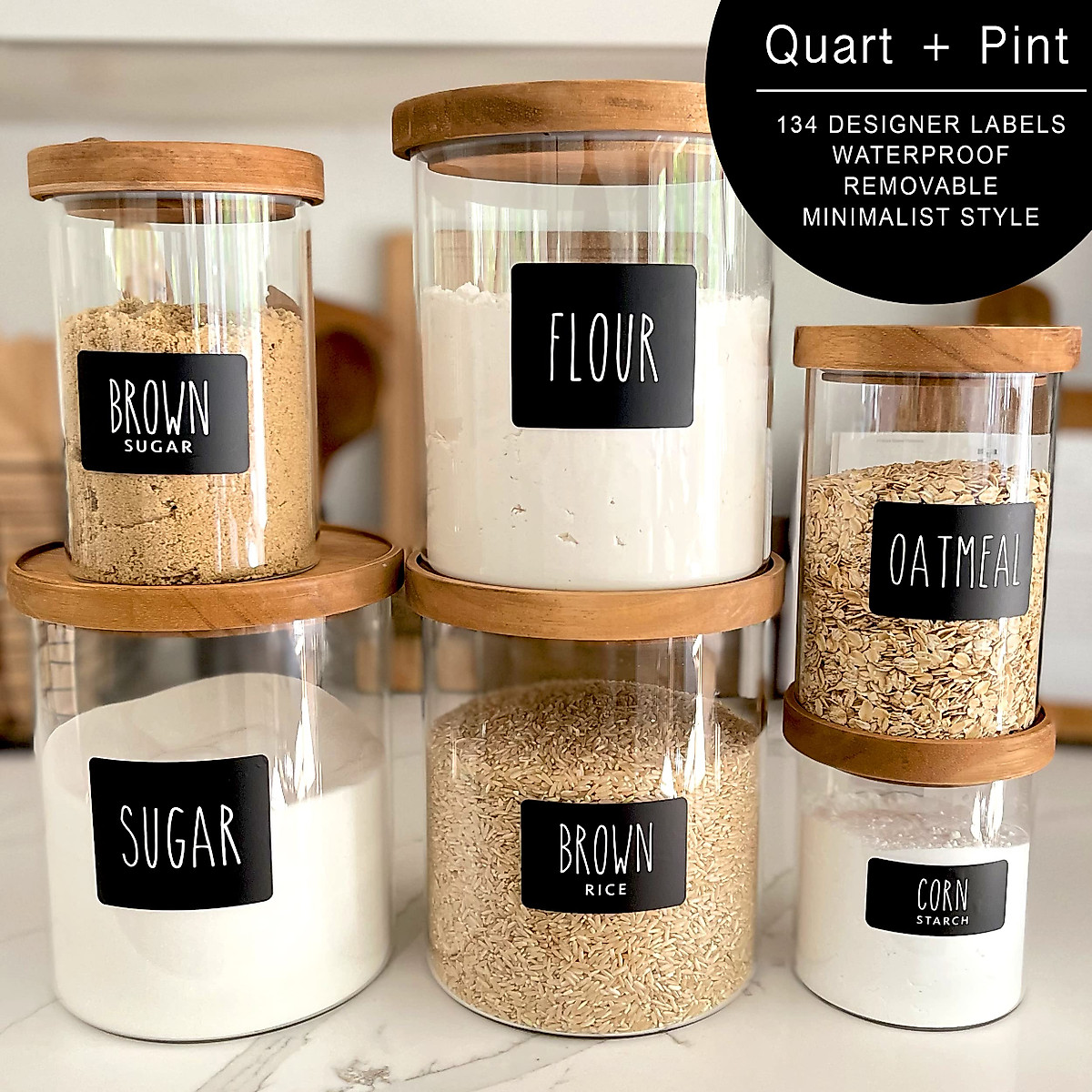 QUART + PINT 134 Kitchen Pantry Labels for Containers. Preprinted Retro Handwritten Style. Black Matte Sticker White Text. Waterproof Stickers. Organization Labels for Jars Canisters & Storage Bins.