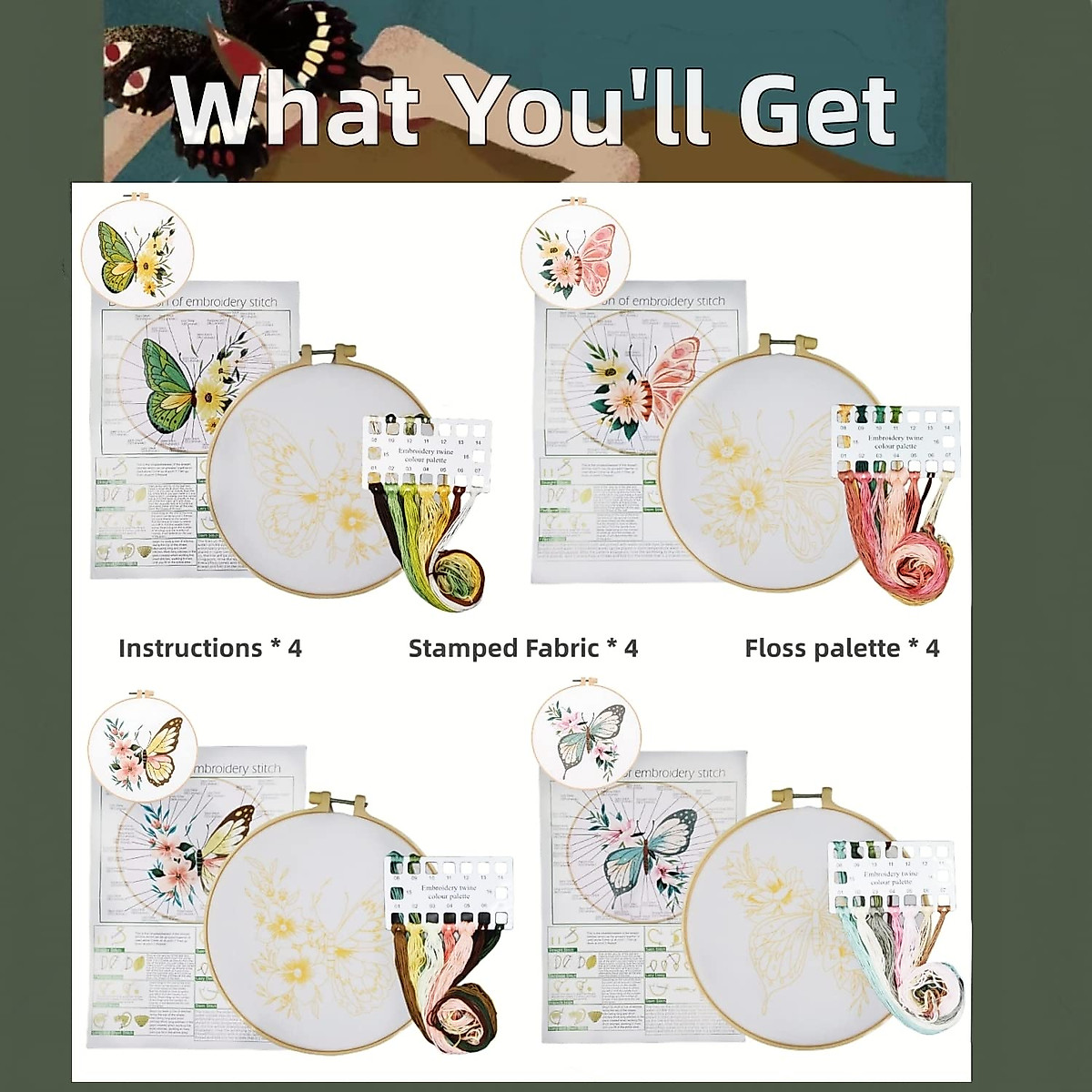 Highkick Embroidery Kit for Beginner,Embroidery Kit for Adults, All in one,Madame Butterfly,4 Pack