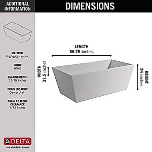 Delta Faucet Slade Freestanding Bathtub, Bath Tub, Free Standing Tub, Freestanding Tub, 67 x 32 inches, Integrated Waste and Overflow Drain, White DB256406-6732WH