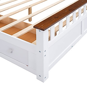 FANYE Queen Size Soild Wood Platform Bed Wooden Bedframe with Two Storage Drawers and Wood Slat Support, White+Walnut