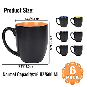 Serwrsw 16 OZ Stoneware Coffee Mug Set of 6, Black Ceramic Mug with Different Color Inside, Colorful Porcelain Mug with Handle for Latte Espresso Cappuccino