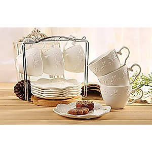 Jusalpha® White Porcelain 5OZ- Tea Cup and Saucer Coffee Cup Set with Saucer and Spoon, Set of 6 (6 Tea Cup Set With Bracket)