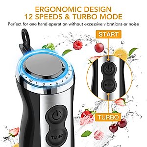 Adoolla 5-in-1 800 Watt Immersion Hand Blender Multi-Purpose, Stainless Steel 12 Speed and Turbo Mode Hand Mixer, 600ml Mixing Beaker, BPA-Free with Whisk, Milk Frother Attachments