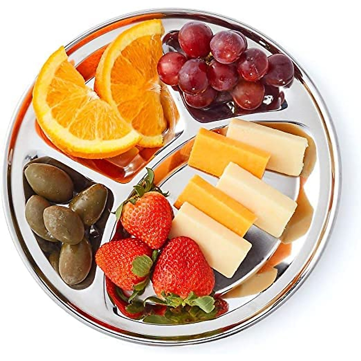 WhopperIndia Stainless Steel Round Dining Plate 4 Compartment Thali, stainless steel compartment plates , ss mess tray , Plates for Dinner Fruitss, Kitchen Dining Table Plate 4 Pcs 11.5 Inch