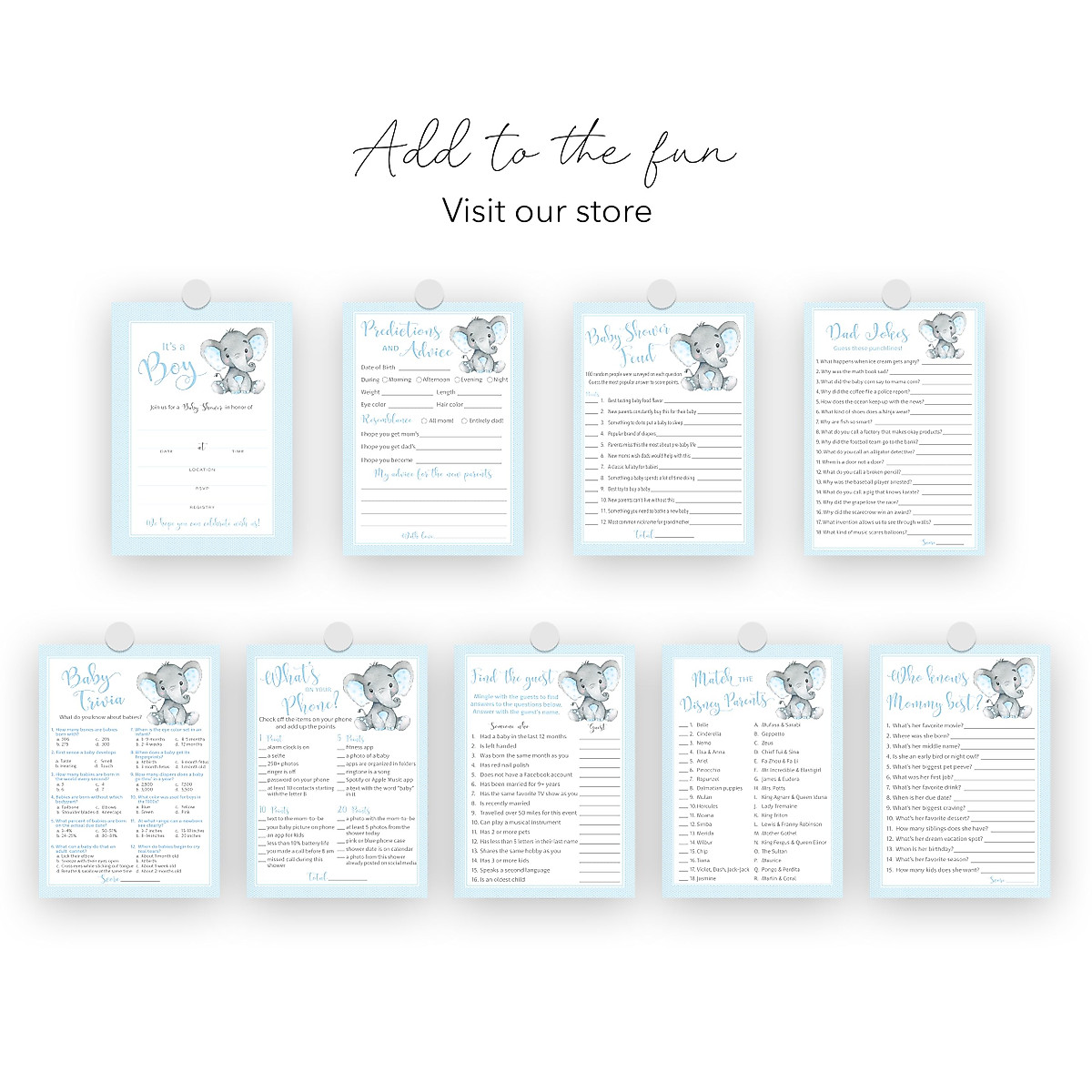 BLUE ELEPHANT Baby Shower Game — BABY TRIVIA Games — Pack of 25 — BOY Baby Shower Games, Fun Baby Facts Games, Baby Boy Shower Activity, Blue Polka Dot Baby Elephant Baby Shower Games, SKU G501-TRV