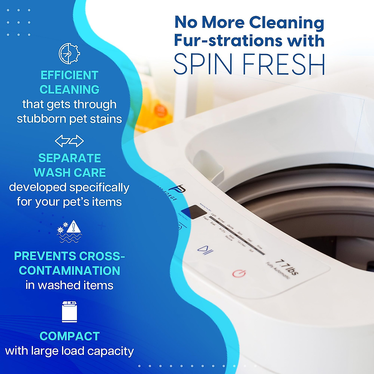 ​​Pet Forge Spin Fresh Compact Washing Machine for Pet Items - Fully Automatic Portable Washer with 8 Pounds Capacity Top Load Spin Mini Washer for Pet Hygiene