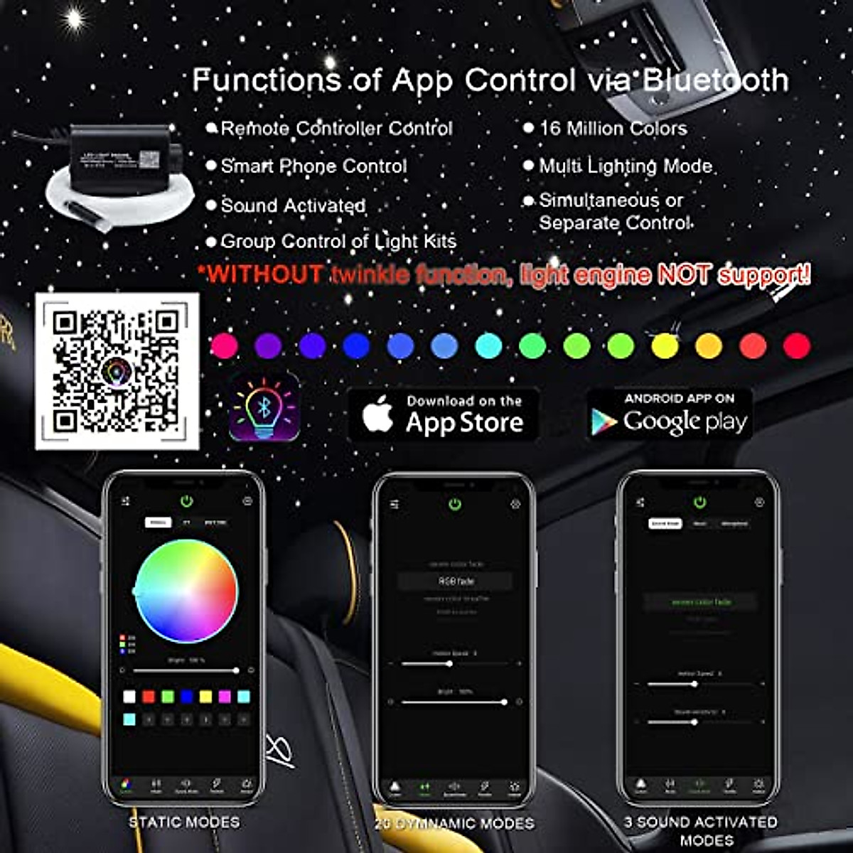 AKEPO 16W Fiber Optic Lights Star Ceiling Light Kit APP Control for Car & Home,Fibre Optical Cable Strands 150pcs 0.75mm 6.5ft/2m+28key Musical Remote Control