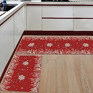 Christmas 2Pcs Kitchen Rugs, Anti Fatigue Kitchen Mat Non Slip Rug Runner Comfort Standing Floor Mats Kitchen Carpet Set for Sink, Laundry - Christmas Snowflakes with Plants Red Texture