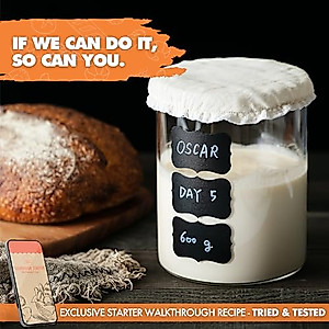 Oscar's Bakery- Sourdough Starter Jar Wide Mouth- Glass Sourdough Crock with lid- 40 oz. Sourdough Starter kit with Accessories & Recipe. Sour dough Container for making Bread (Starter Not Included)