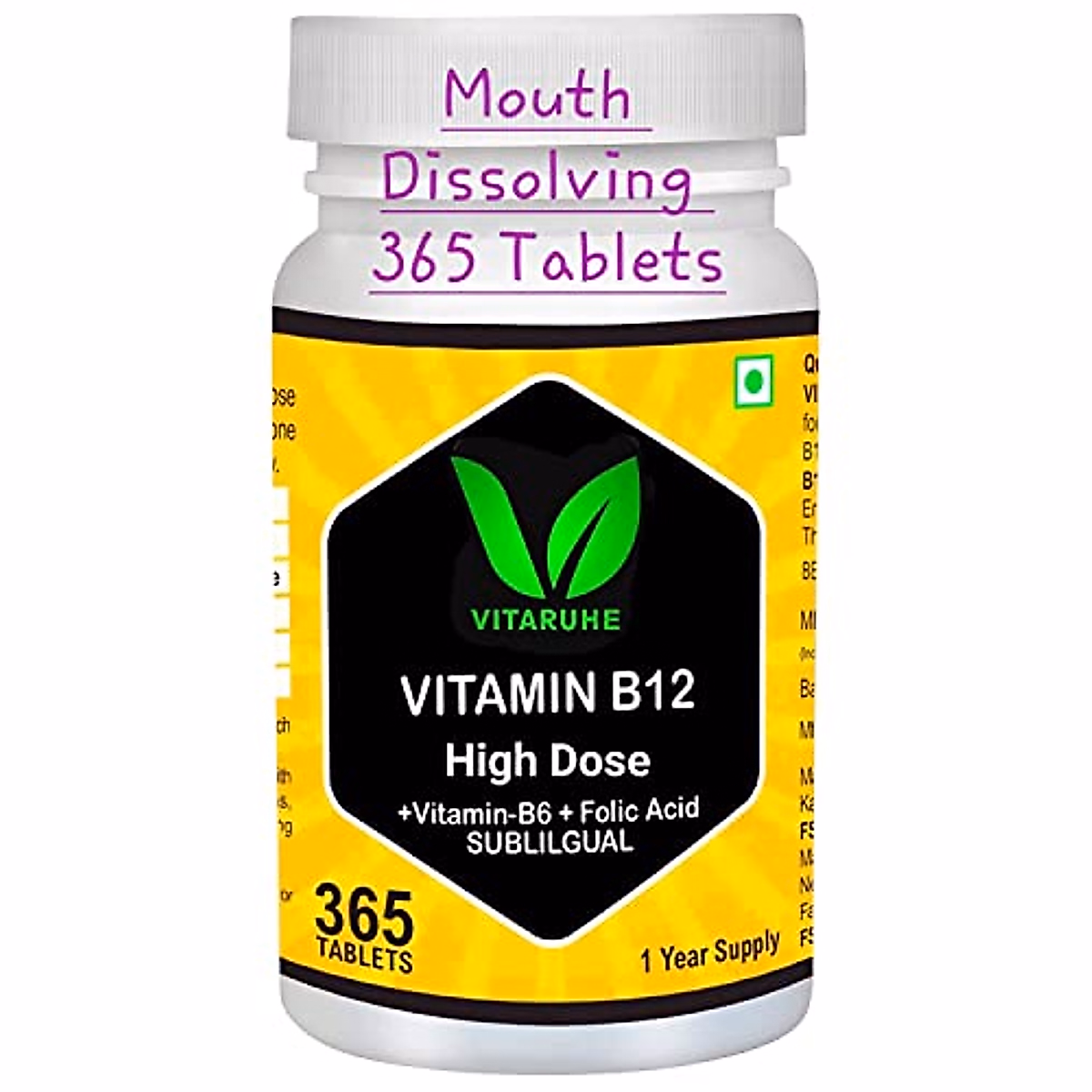 Verem Vitamin B12 High Dose+ B6/Folic Acid, 365 Tablets Methylcobalamin & Sublingual for Maximum Effects, Vegan, 365 Tablets for 1 Year
