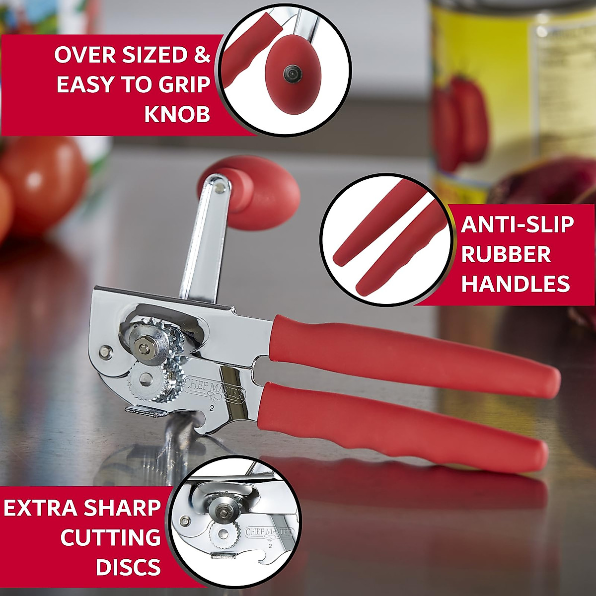 Commercial Can Opener, Heavy Duty Can Opener Manual for Large Cans With Anti-slip Grip Knobs, Sharp Cutting Discs, Bottle & Kitchen Manual Can Opener With Crank Handle by Chef-Master #90056 (2 Pack)
