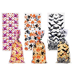 DIYASY 150 Pcs Halloween Cellophane Treat Bags,Candy Bags Bats Pumpkin and Witch Halloween Goody Bags with 300 Twist Ties for Kids Halloween Party Favor