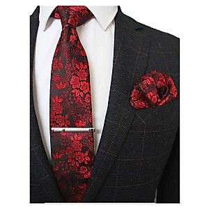 JEMYGINS Silk Red Floral Necktie and Pocket Square, Hankerchief and Tie Bar Clip Sets for Men (1)