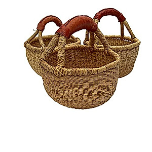 Deluxe Small Round Natural African Basket, 10" - Classic Heartwood Bolga Market Basket from women in Bolgatanga, Ghana with Africa Heartwood Project - GBSRN-S (Flat-packed)