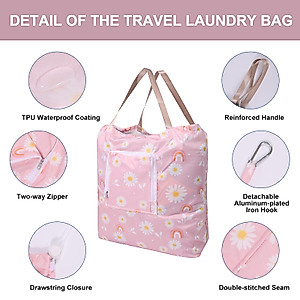 SANFERGE 2 Pack Travel Laundry Bag with Handle and Drawstring, Expandable Foldable Dirty Clothes Bags with Hook and Zipper, 23*20 inch, Cartoon 1 White + Pink