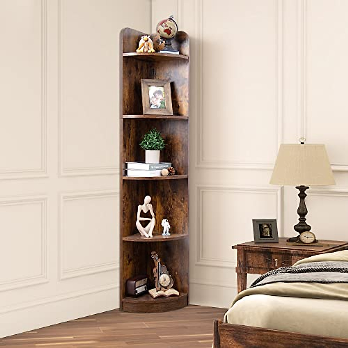 Fun Memories 5-Tier Corner Bookshelf - 63" Tall Modern FreeStanding Corner Bookcase - Durable Wood Corner Cabinet - Perfect for Living Rooms, Bedrooms and Offices - Brown