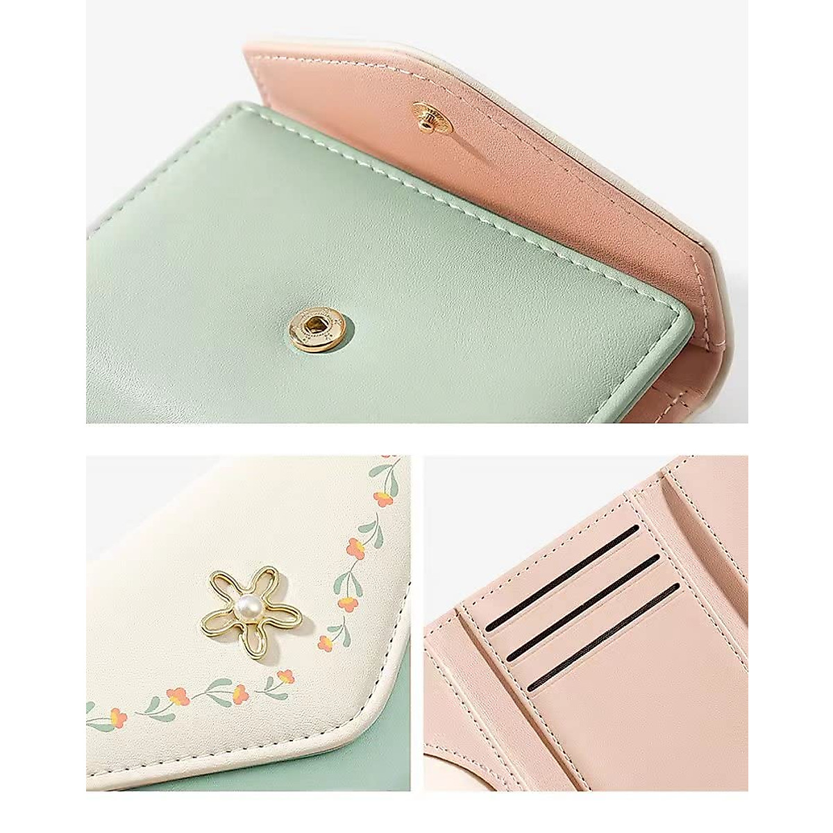 kuifang Girls Cute flowers Print Wallet, Small Tri-folded Aesthetic Wallet, PU Leather Purse Cash Pocket Card Holder ID Window Purse for Women(Green)