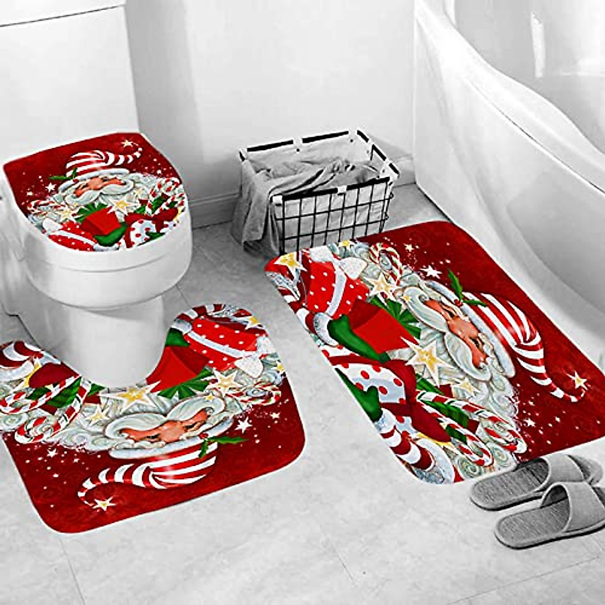 4Pcs Xmas Shower Curtain Sets with 12 Hooks,Bathroom Curtains Shower Set Toilet Mat Lid Rug,Bathroom Sets Shower Curtain Sets and Rugs and Accessories,72x72inch (Santa Claus)