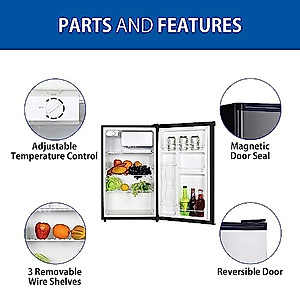 Koolatron Stainless Steel Compact Fridge with Freezer, 4.4 cu ft (124L), Silver and Black, Flat Back, Reversible Door, for Snacks, Frozen Meals, Beverages, Beer, Den, Dorm, Office, Rec Room, Home Bar