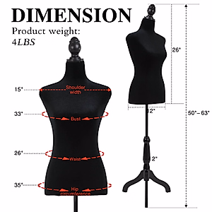 Mannequin Female Mannequin Torso Dress Form 50"-63" for Display Women Mannequin Body Height Adjustable for Sewing Wooden Tripod Base,Foam Body(Black)