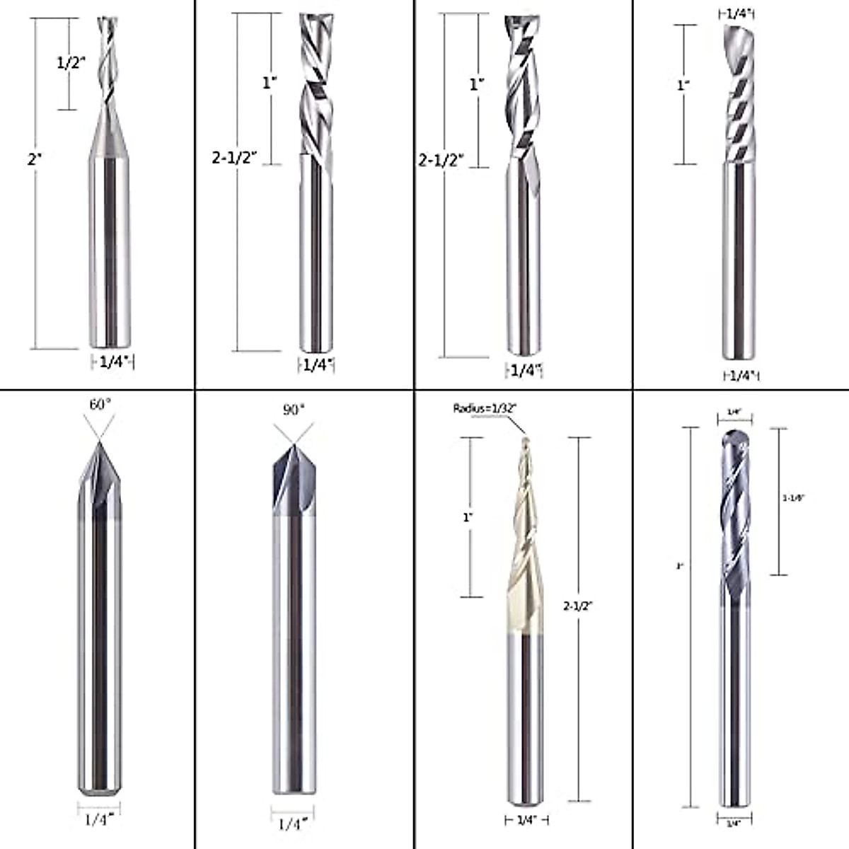 SpeTool 8Pcs Carbide CNC Router Bits Set 1/4 Inch Shank for Woodworking Detail Carving Trimming V Groove Engraving Slotting Mortise