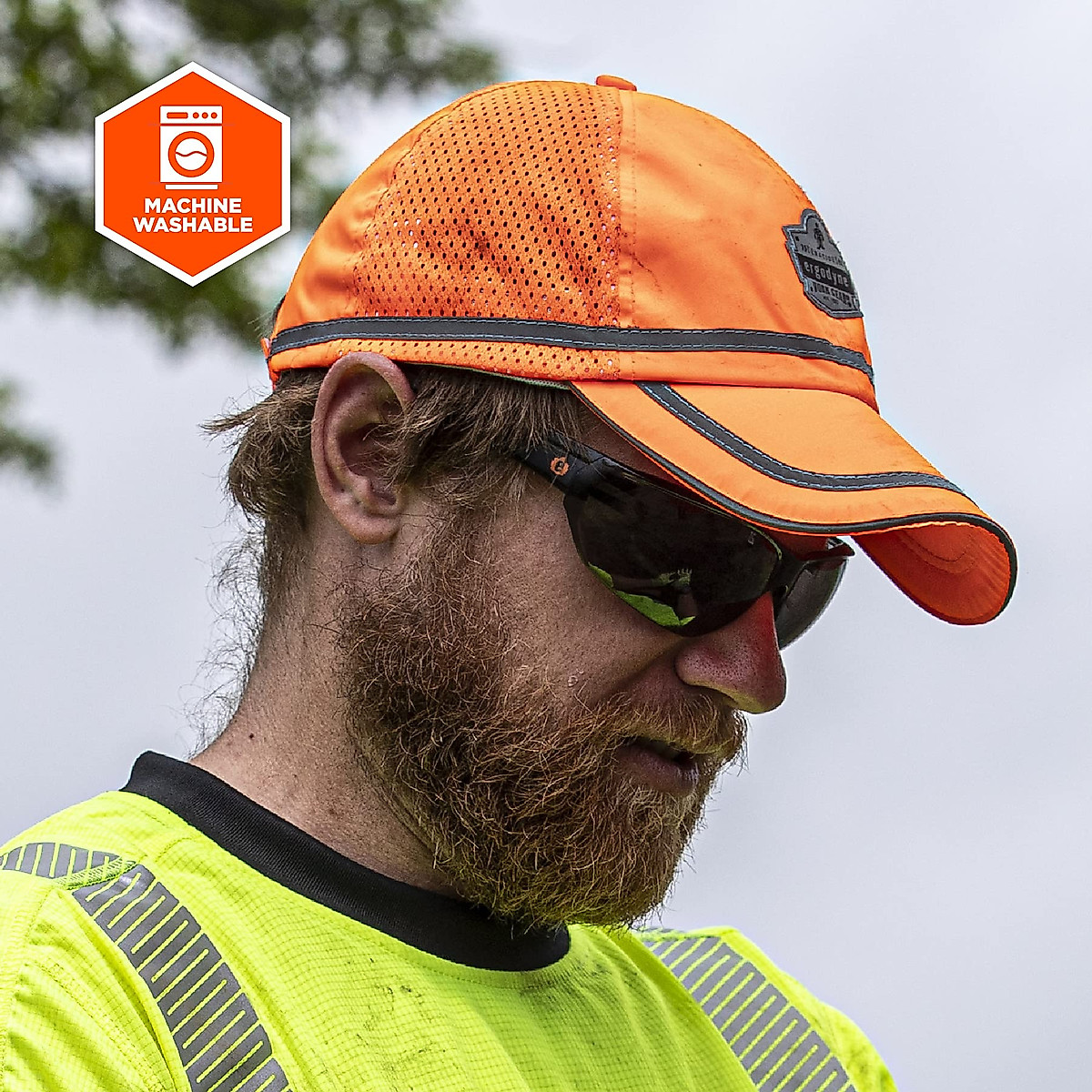 Ergodyne GloWear 8930 High Vis Baseball Hat, Breathable Mesh Paneling, Reflective Trim for Enhanced Visibility,Orange