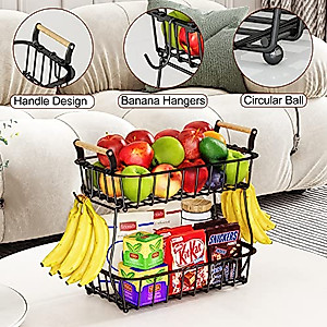 2 Tier Fruit Basket Bowl with 2 Banana Hangers for Kitchen Counter, Metal Countertop Fruits Produce Storage Basket Holder, Large Fruit Vegetable Stand Organizer for Bread Snack Veggies Potato, Black