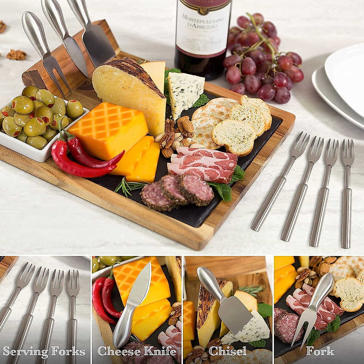 Zelancio Slate Cheese Board Set, 10 Piece Set Includes 4 Stainless Steel Cheese Tools, Premium Acacia Serving Tray with Slate Board, and Porcelain Olive Dish