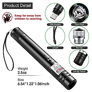 BKTLCAU High Power Laser Pointer, New Long Range Green Pointer, Tactical Flashlight Pen for Hiking, Hunting, Outdoor, USB Recharge. Star Cap Adjustable Focus for Night Camping
