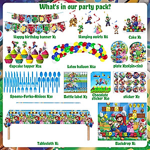 Mario Birthday Party Supplies, Mario Bros Party Decorations Include Banner, Hanging Swirls, Backdrop, Tableware, Cake Toppers, Bottle Labels, Chocolate Stickers