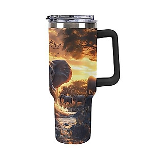 Elephants in Sunset Water Insulated Tumblers with Handle Stainless Steel Coffee Mug Funny Travel Cup with Lid Straw 40oz