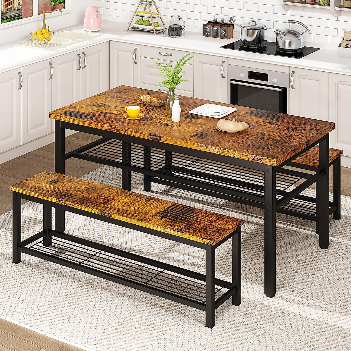 AWQM 43.3" Dining Table Set for 4, Kitchen Dining Table with 2 Benches, Dining Room Table Set with Metal Frame & Storage Rack for Kitchen, Restaurant, Rustic Brown