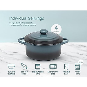 Kook Ceramic Mini Cocotte Set, Small Casserole Dishes with Lids and Handles, Individual Baking Ramekins, Oven, Microwave & Dishwasher Safe, Stoneware, 12 oz, Set of 4 (Stone Ombre)