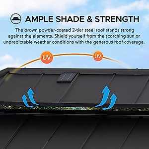 Sunjoy Wooden Grill Gazebo, 8 x 12 ft. Steel Hardtop Gazebo with Solar Power for Year-Round Grilling - 2 Full Size Grills, Griddles or Smokers - Outdoor Cooking Shelter for Backyard BBQs Party, Brown