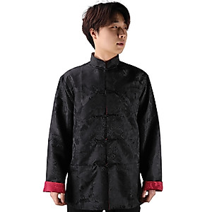 DLSNZ Men's Traditional Chinese Kung Fu Clothing Hanfu & Tang Suit Jacket Wing Chun Uniform Martial Arts Coats (Black+Wine Red, Large)