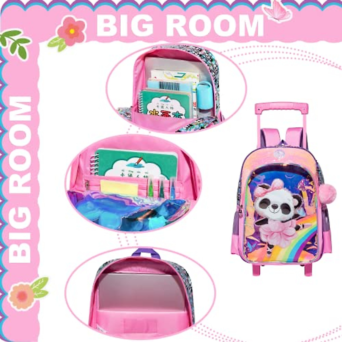 ZBAOGTW Panda Rolling Backpack for Girls with Lunch Box Kids Backpack with Wheels for School Sequin Trolley Trip Luggage Rolling Backpack for Kindergarten Girls Elementary School