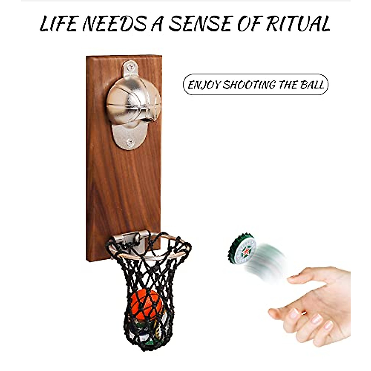 Wall-mounted magnetic bottle opener, wooden, Bottle cap catcher，Ideal Gift for Men and Beer Lovers