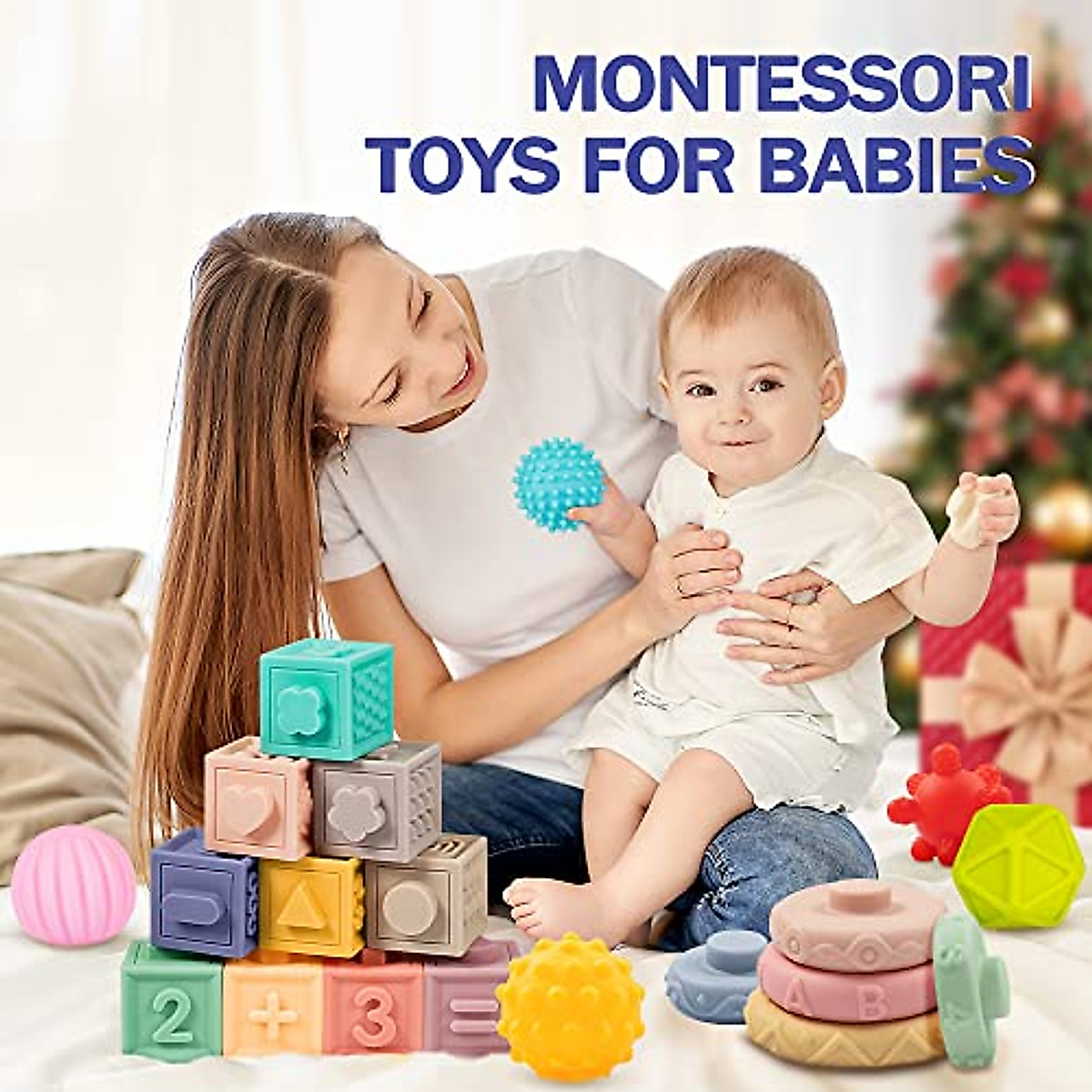 Jyusmile Baby Toys 6-12 Months, Montessori Toys for Babies 6-12 Months, Incl Stacking Building Blocks & Soft Infant Teething Toys & Sensory Balls for Toddlers 0-3-6-9-12 Months