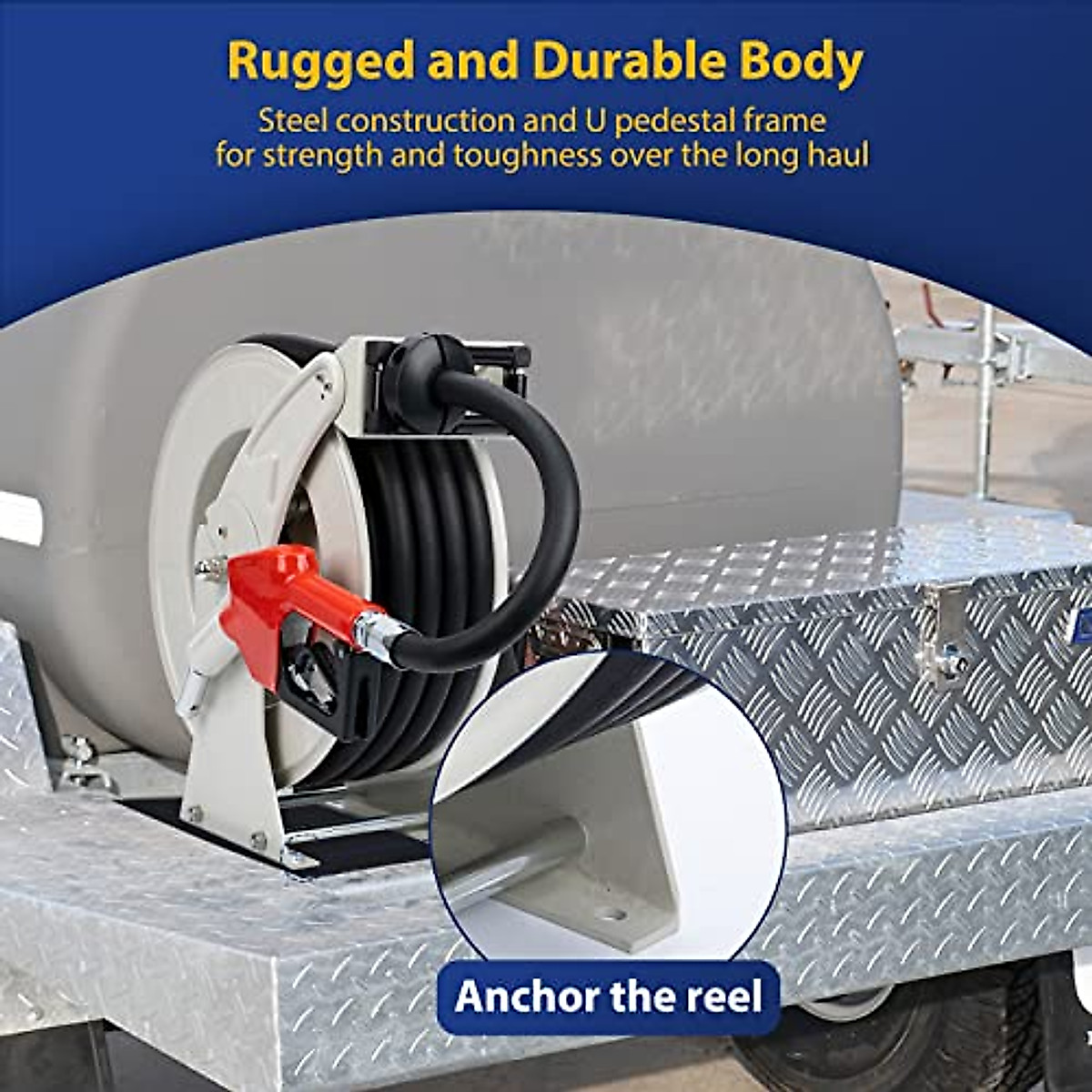 Fuel Hose Reel Retractable with Fueling Nozzle 3/4" x 50' Spring Driven Diesel Hose Reel 300 PSI Industrial Auto Swivel Heavy Duty Steel Construction Reel for Aircraft Ship Vehicle Tank