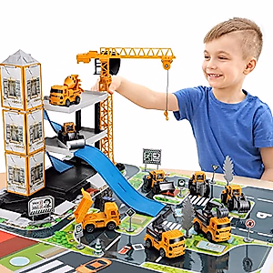TEMI Construction Vehicles Toy for Boys, 60PCS Kids Engineering Trucks Vehicle w/Tractor, Crane, Dump, Excavator and Map, Birthday Gift Toys for 3 4 5 6 7 Year Old Boys Children Toddlers