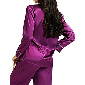 Satin Silk Pajamas for Women Pajama Set with Long Sleeve Button-Down Satin Pajamas Sleepwear Purple M