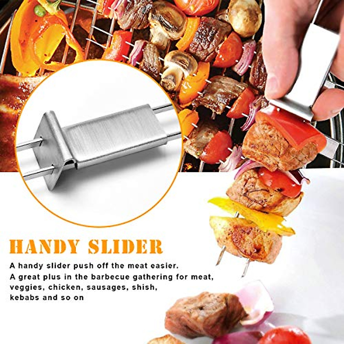 Skewers for Grilling- 17" Long Double Pronged BBQ Skewers with Push Bar- Shish Kabob Skewers - Stainless Steel Skewer Sticks for Camping or family - Reusable Skewers - 6 Pack