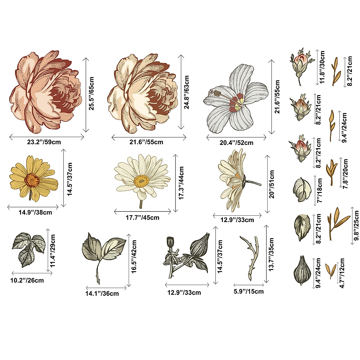 Murwall Kids Floral Wall Decal Soft Vintage Peony Flower Wall Sticker