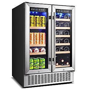 AAOBOSI 24 Inch Wine and Beverage Refrigerator - 19 Bottles & 57 Cans Capacity Dual Zone Wine Cooler - Wine Fridge Built in Counter or Freestanding - 2 Safety Locks and Blue Interior Light
