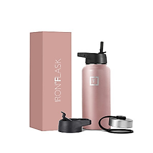 IRON °FLASK Camping & Hiking Hydration Flask, Wide Mouth, 3 Straw Lids, Stainless Steel Outdoor Water Bottle, Double Walled, Insulated Thermos, Metal Canteen - Rose Gold, 32 Oz