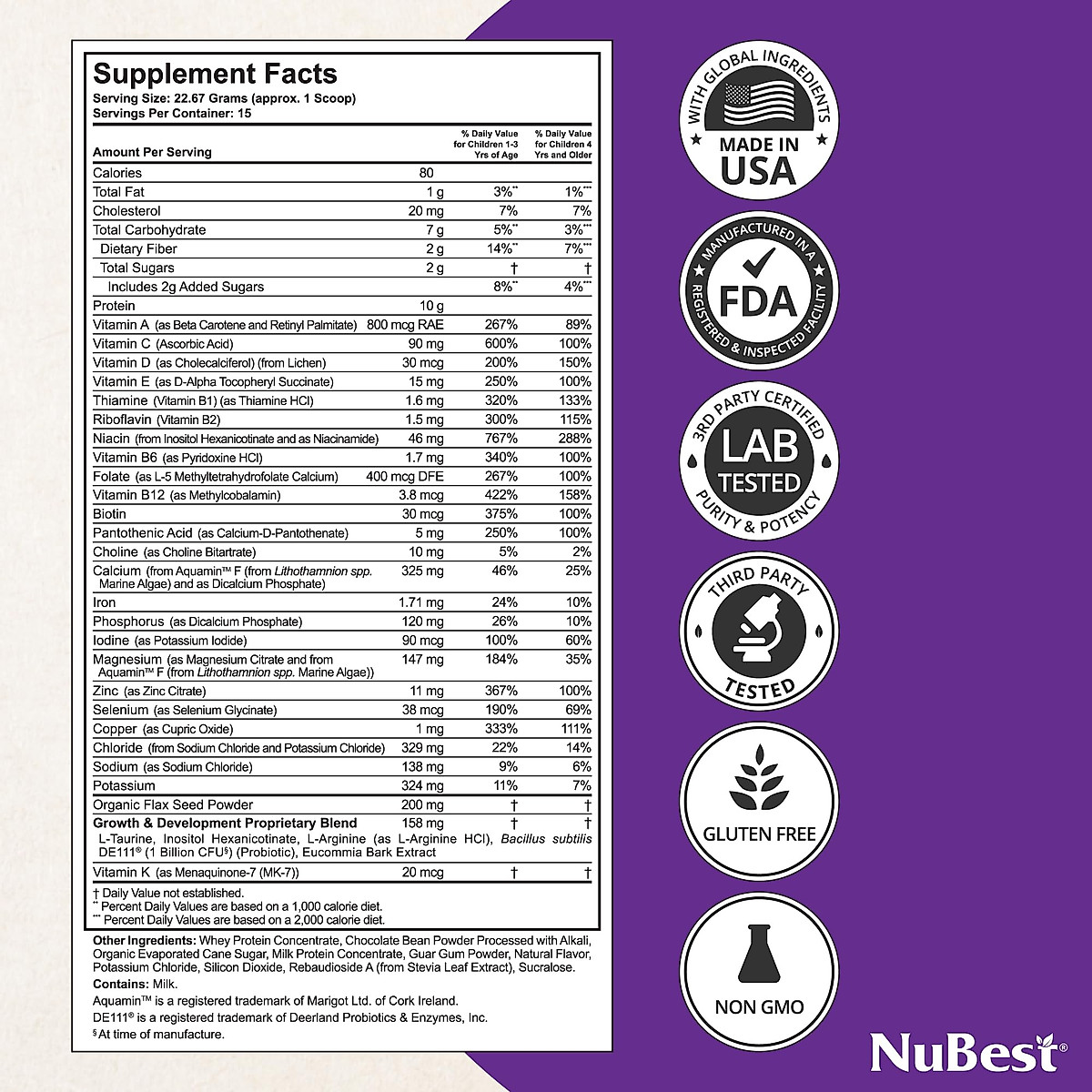 NuBest Tall Protein Powder for Kids & Teens - Whey Protein Powder - Chocolate Protein Powder Shake - Protein Drink with Probiotics, Omega 3-6-9, Vitamin D3 + K2, Calcium, Vitamin - 15 Servings