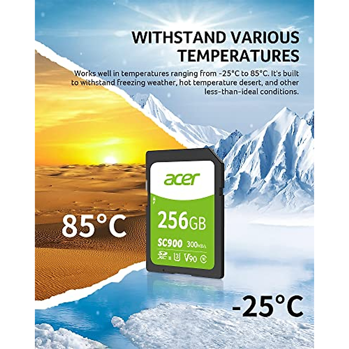 Acer SC900 256GB SDXC UHS-II Professional Digital SD Memory Card - C10, U3, V90, 4K, Full HD Video - Up to 300MB/s Read Speed for DSLR and Camera - BL.9BWWA.312