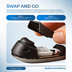 Replacement Battery for Plantronics CS540 C054 Wireless Headset Headphones Repair for 86180-01, PL-86180-01 & 84479-01, Rechargeable Li-Polymer Battery, LI-POL, 140mA