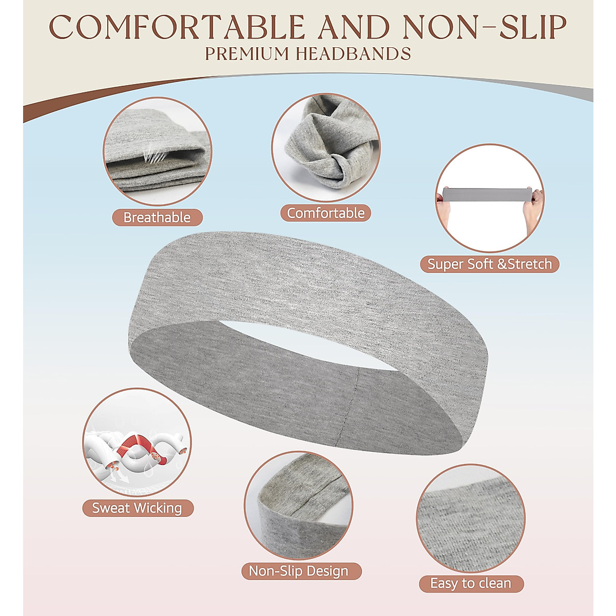 Headbands for Women 8-Pack Vibrant Yoga & Sports Sweat Headbands - Cotton Stretchy Non-Slip Hair Bands (Black,Navy Blue,Blue,Brown,Khaki,White,Light Floral Gray,Dark Floral Gray,Set1)